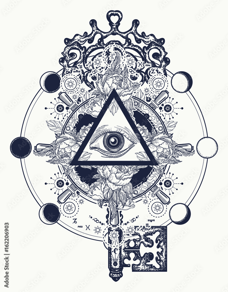 Vector de Stock Masonic eye and key tattoo symbols. Freemason and ...