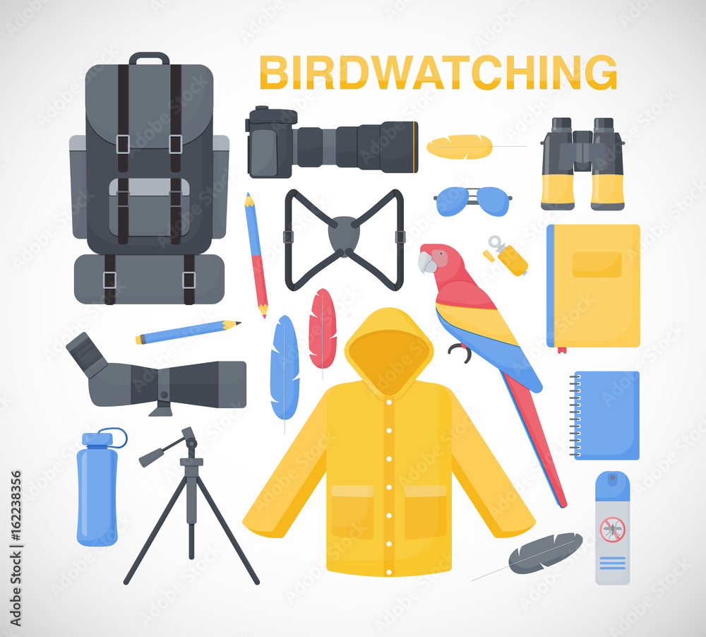Birdwatching flat vector icons set Stock Vector | Adobe Stock