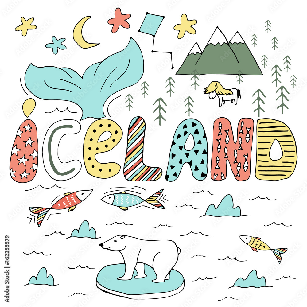 Cute Iceland hand drawn cartoon map. Vector illustration with travel ...