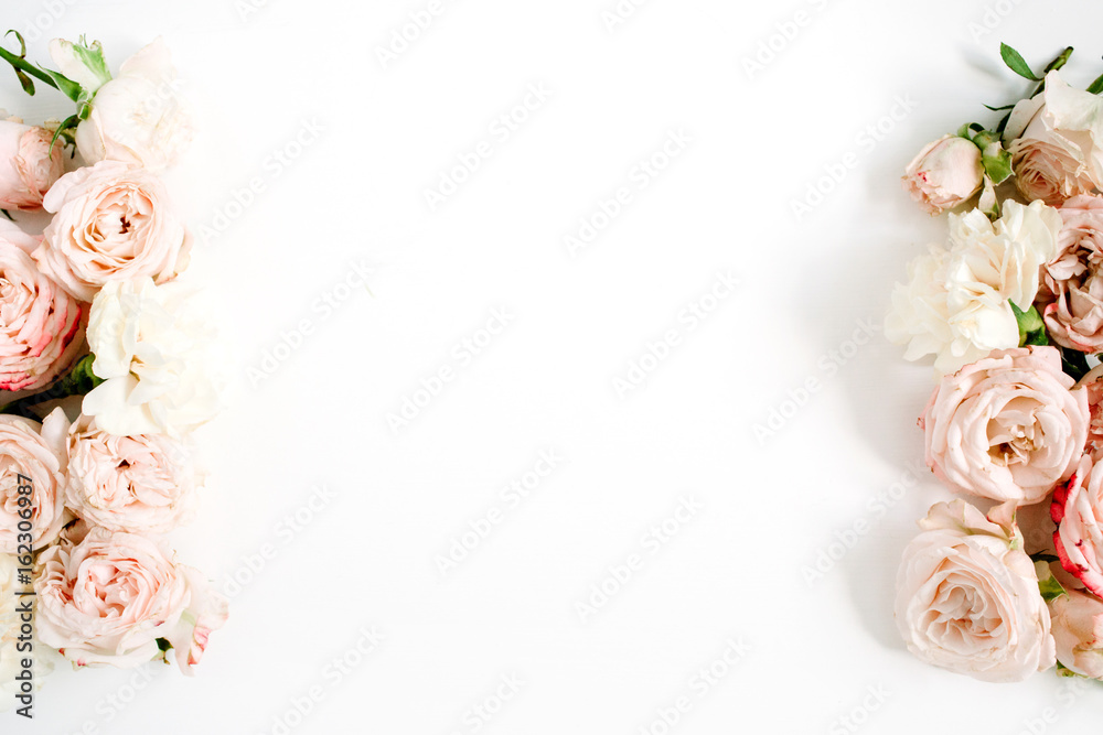 Flower border frame made of beige roses on white background. Flat lay ...