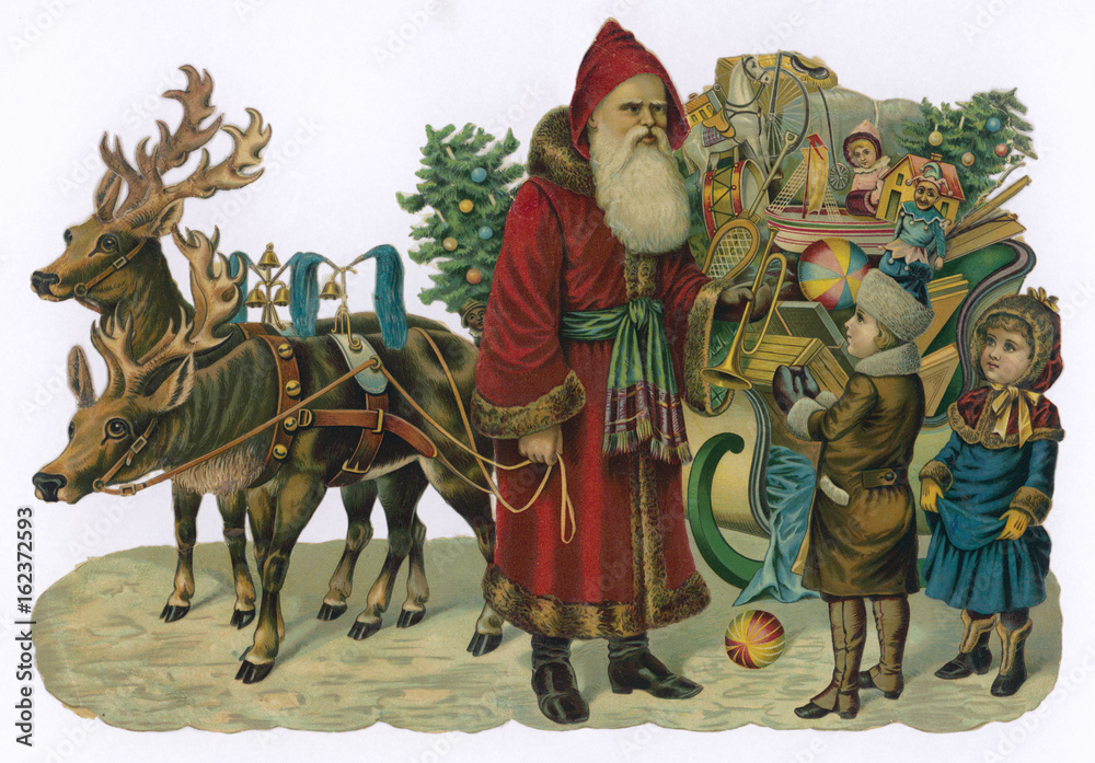 Father Christmas delivering Xmas presents. Date: circa 1870 Stock Photo ...