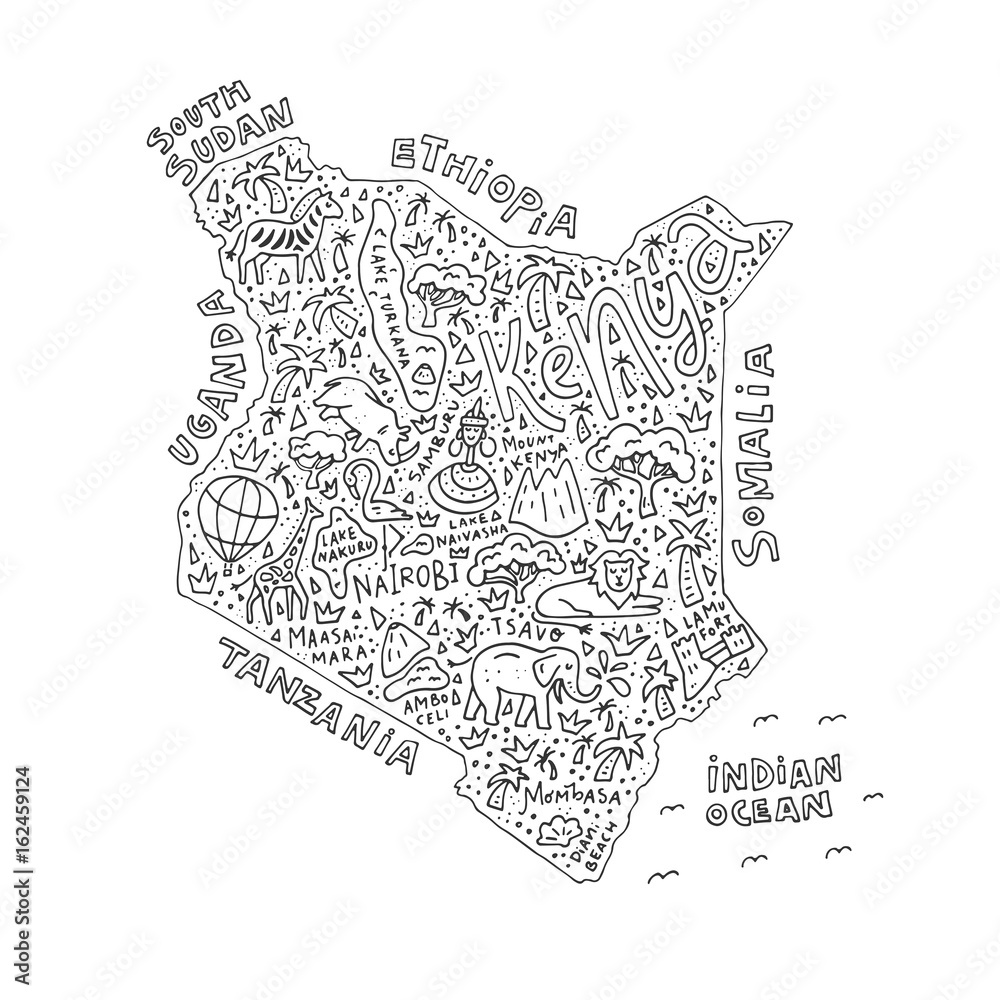 Cartoon Map of Kenya Stock Vector | Adobe Stock