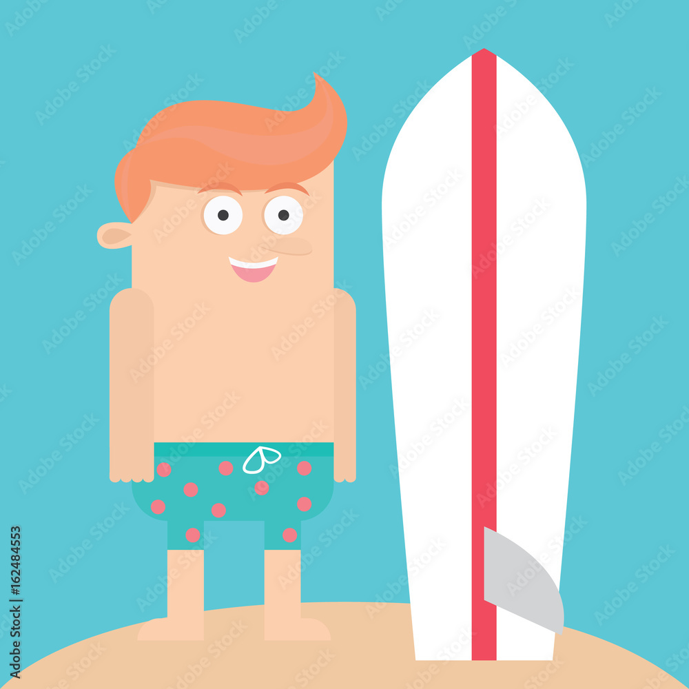 cool young surfer holiday at beach with surfboard character flat ...