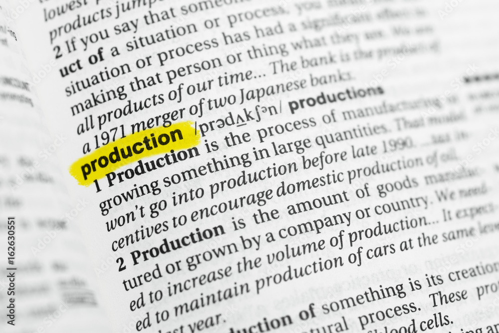 Highlighted English word "production" and its definition at the ...