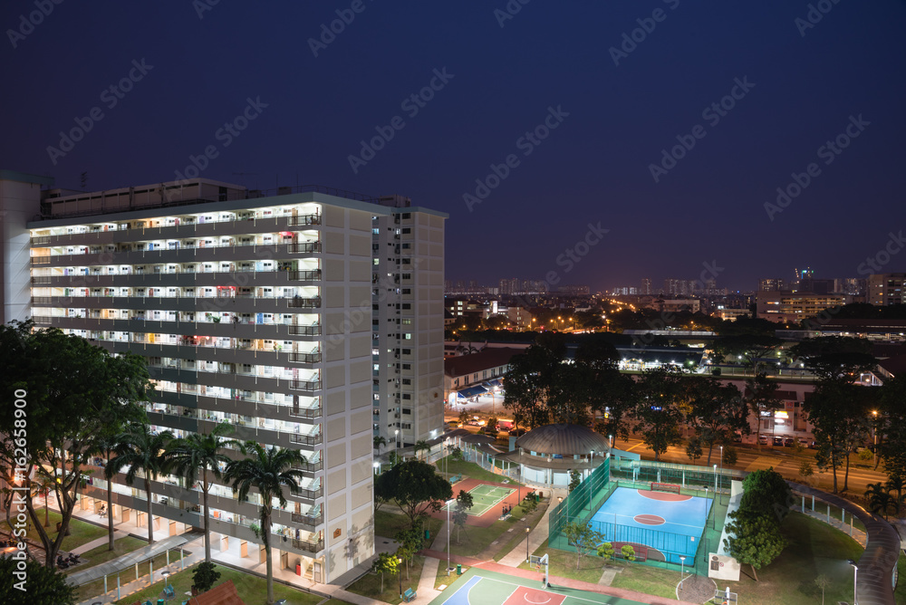 Aerial view of new estate HDB housing complex neighborhood in Singapore ...