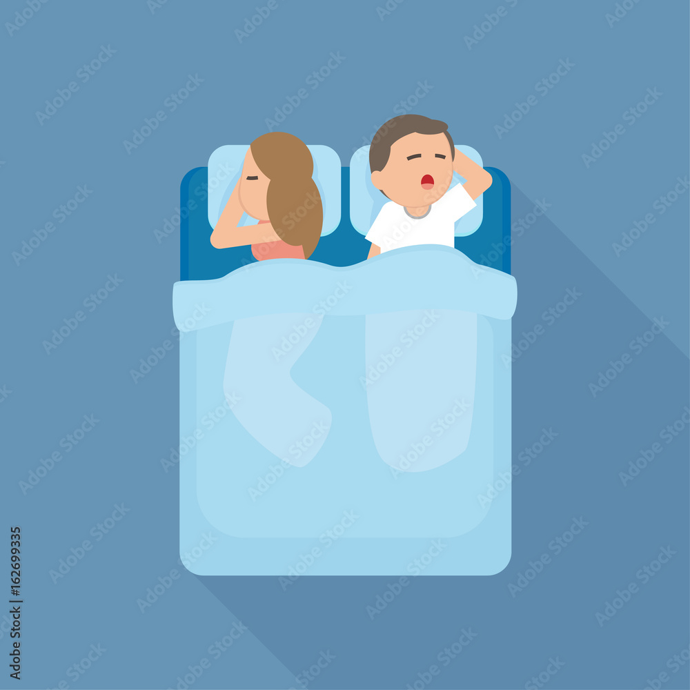 Young couple man and woman sleeping in bed together. Vector cartoon ...