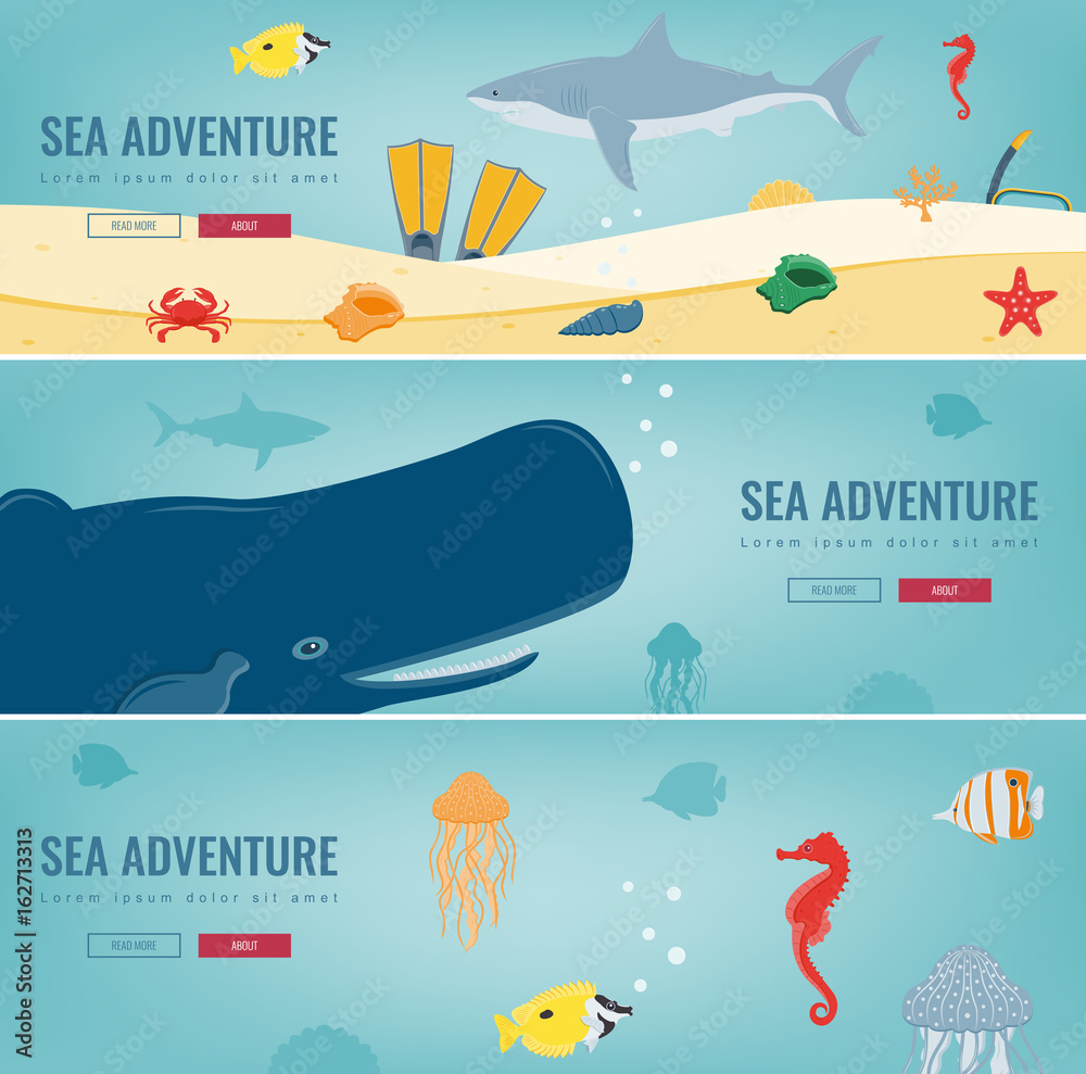 Vector de Stock Sea icons and symbols set. Sea animals. Nautical design ...