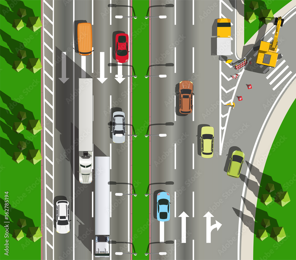 Top view traffic on expressway with big trucks Stock Vector | Adobe Stock