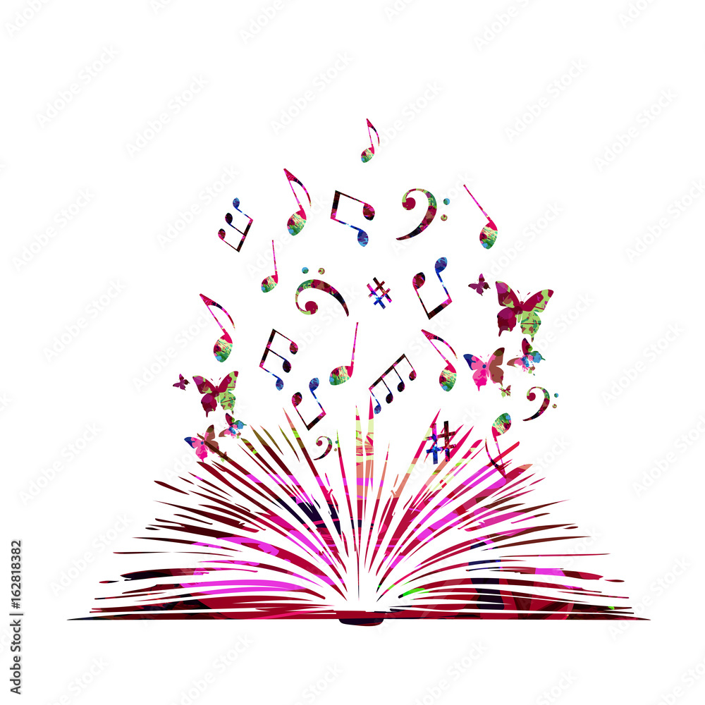 Colorful open book with music notes isolated vector illustration Stock ...
