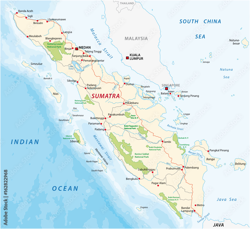 Road map of the indonesian island sumatra Stock Vector | Adobe Stock