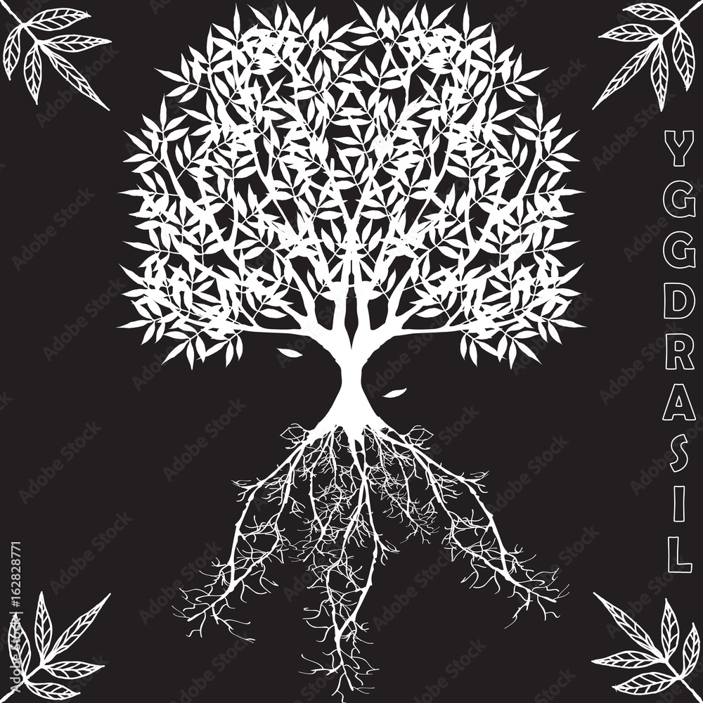 Yggdrasil – vector World tree from Scandinavian mythology. Black and ...