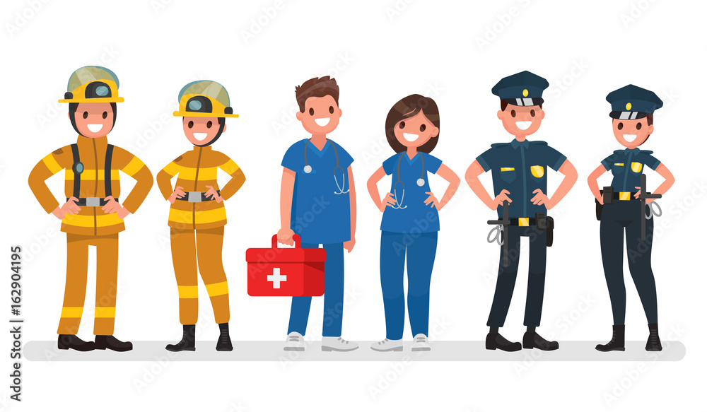 Police, fire and ambulance. Emergency services. Vector illustration in ...