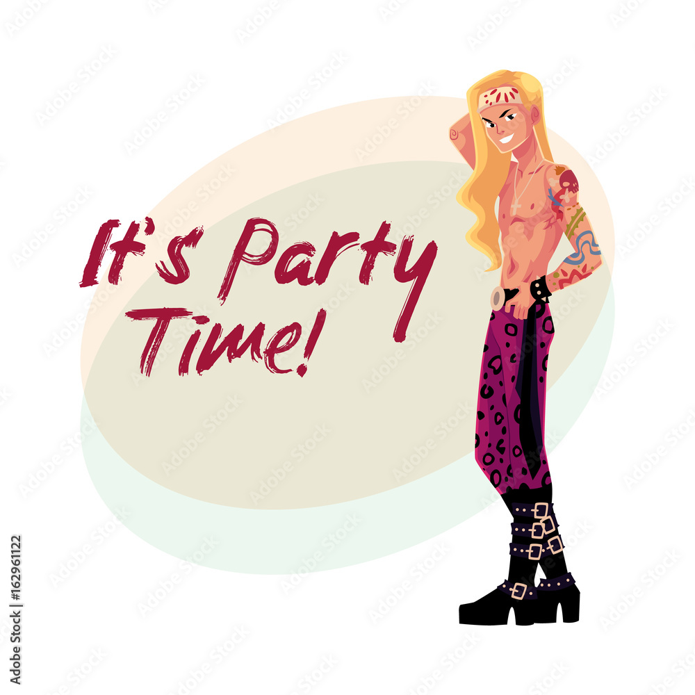 Young man with blond long hair, bare chest, tatoo dressed as glam rock ...