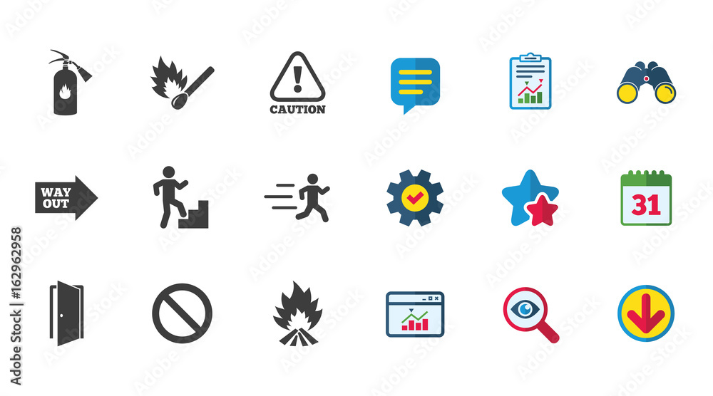 Fire safety, emergency icons. Fire extinguisher, exit and attention ...