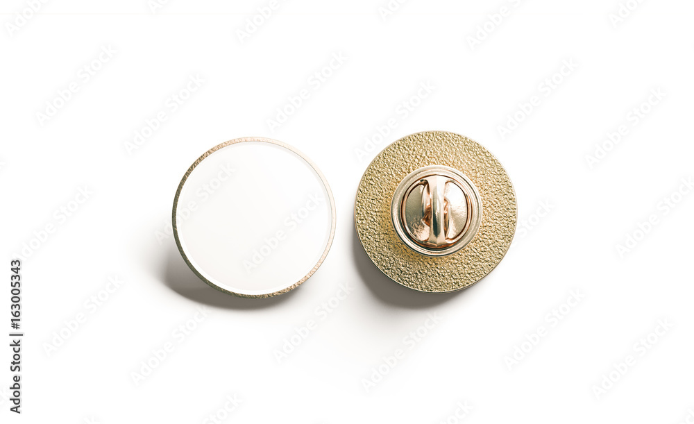 Blank white round gold lapel badge mock up, front and back side view ...