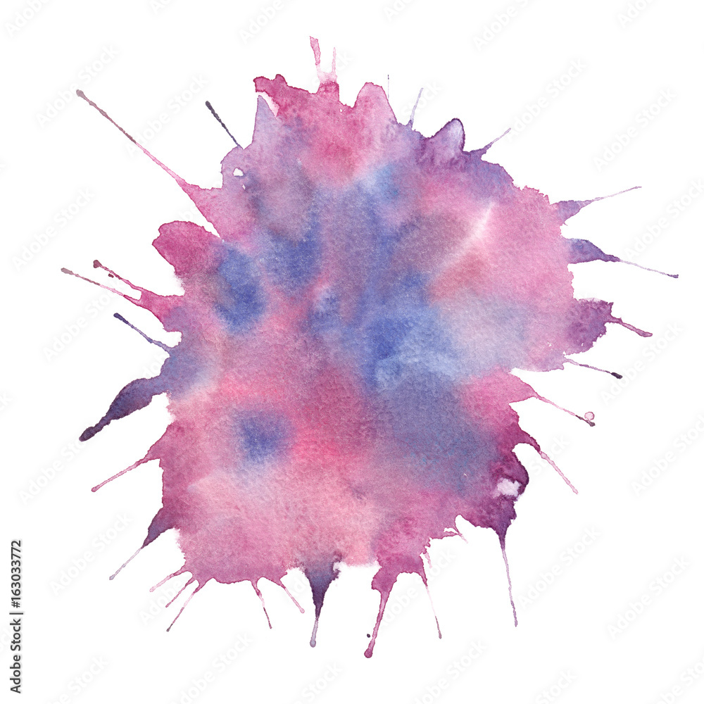 Pink, blue and purple splash painted in watercolor on clean white ...