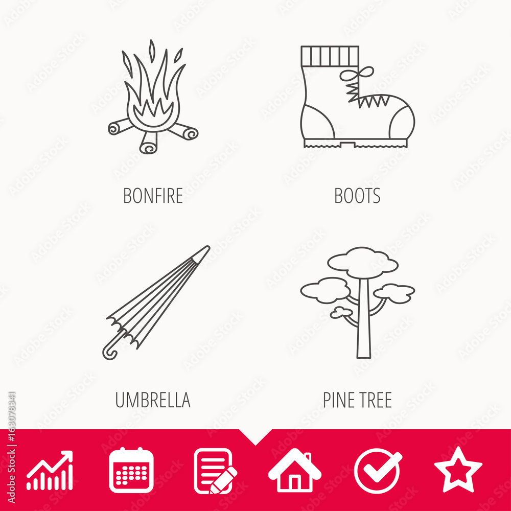 Pine tree, bonfire and hiking boots icons. Umbrella linear sign. Edit ...