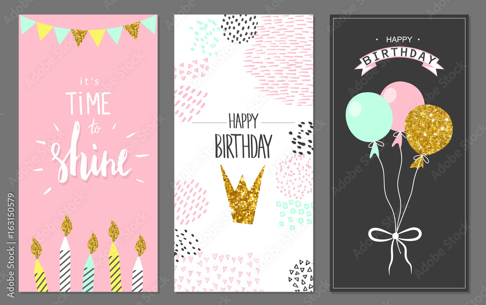 Happy birthday greeting cards and party invitation templates, vector ...