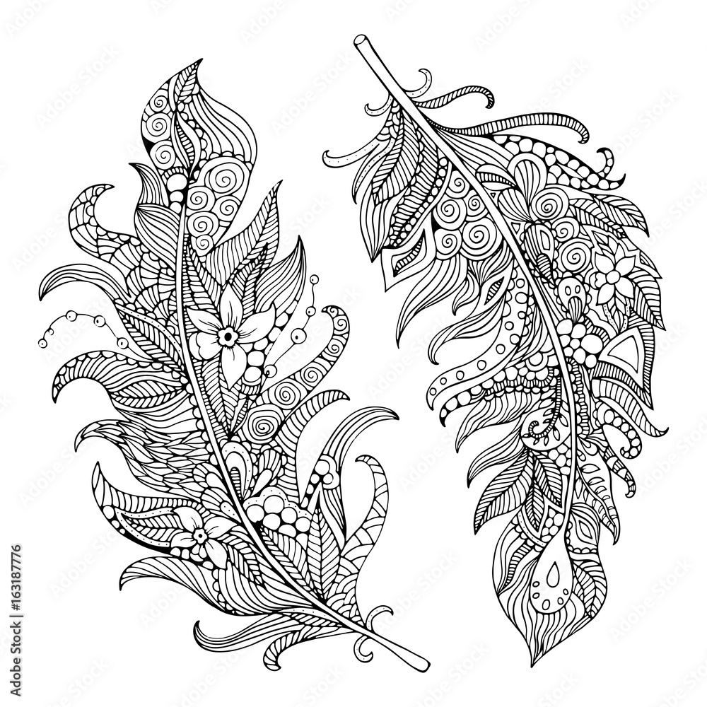 Feather coloring page. Hand-drawing feather Stock Vector | Adobe Stock