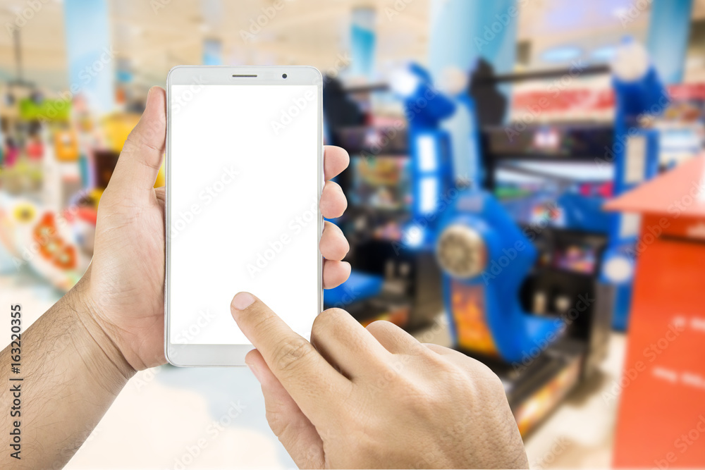 Man hand holding and using smart phone with isolated screen with ...