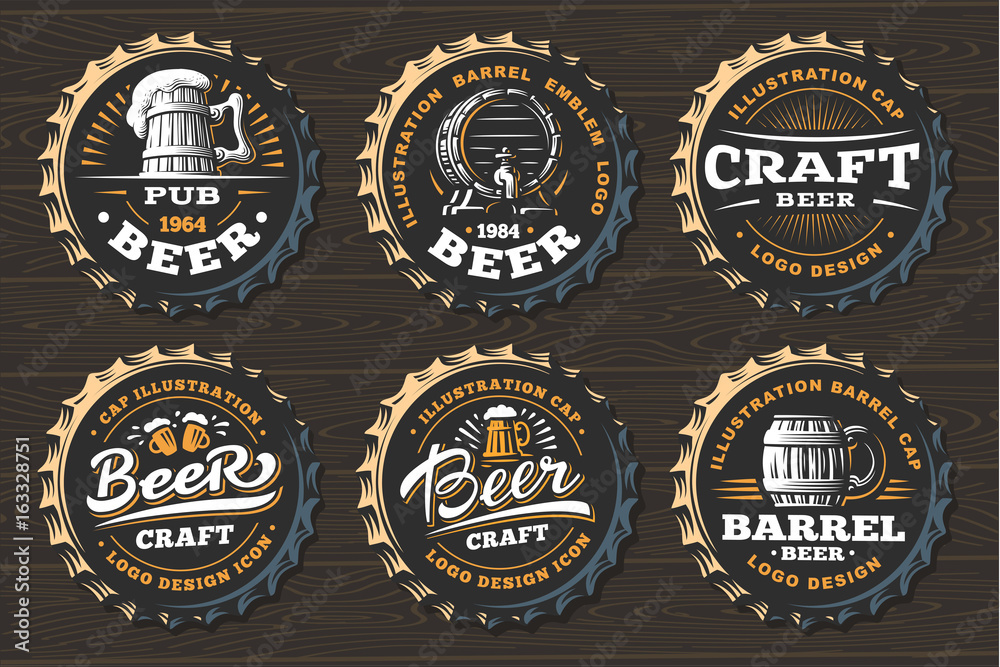 Set beer logo on caps - vector illustration, emblem brewery design on ...