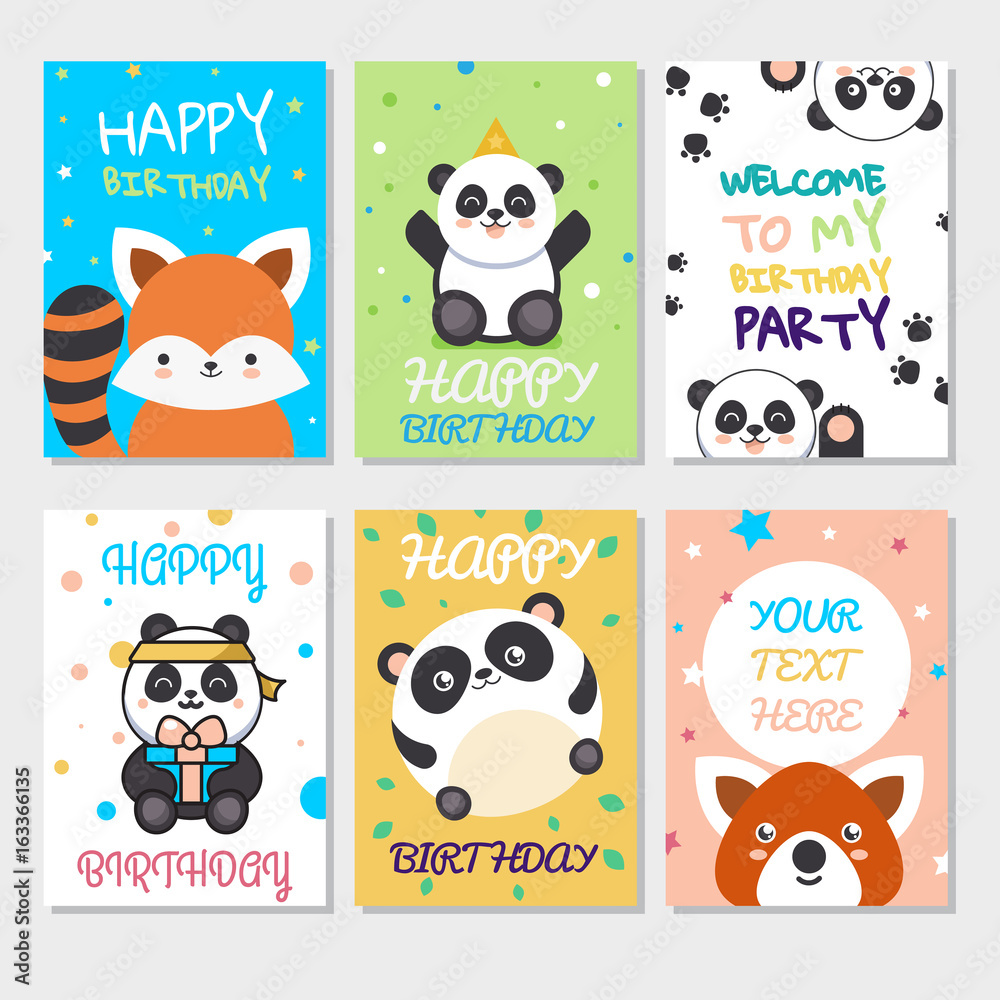Set of cute animals poster. Cute Happy birthday greeting card for child ...
