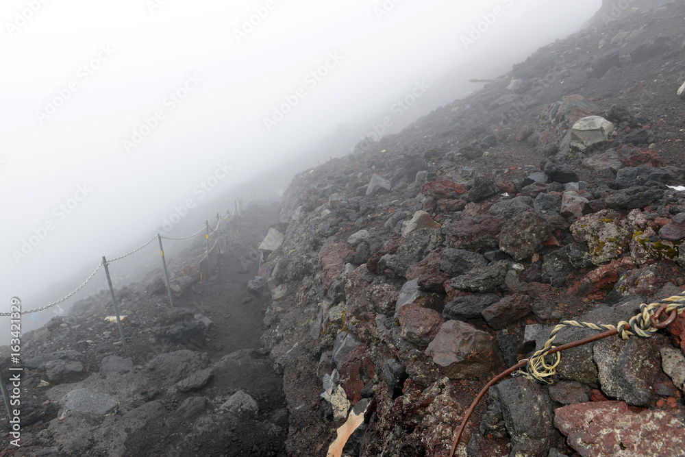Steep Terrain on climbing route during storm on Mount Fuji, a ...