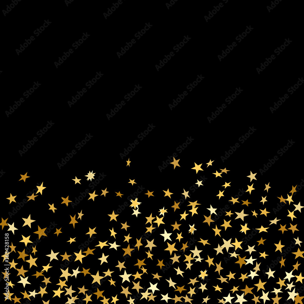 Gold star confetti celebration isolated on black background. Falling stars golden abstract ...