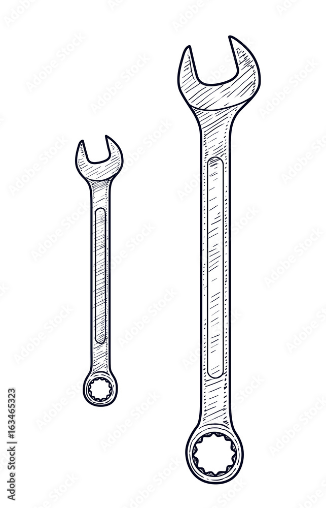 Wrench illustration, drawing, engraving, ink, line art, vector Stock ...