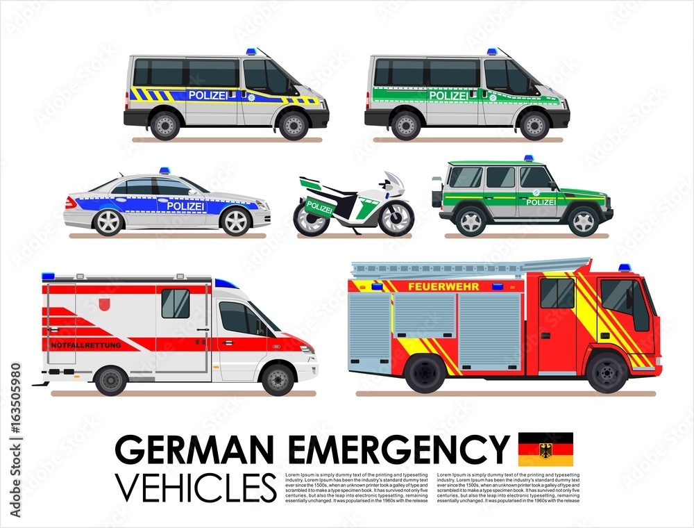 German emergency cars vehicles transport vector set. Police car, Fire ...