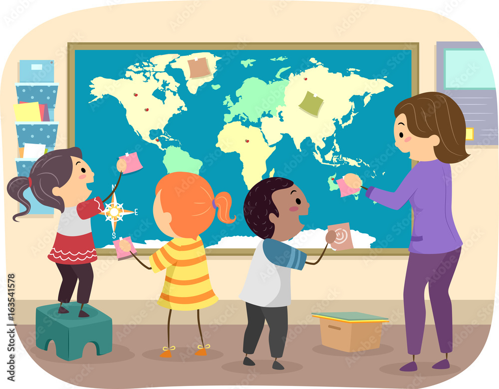 Stickman Kids Teacher World Map Illustration Stock Vector | Adobe Stock