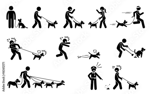 Man Walking Dog. Stick figures depict people walking pet dogs on a ...
