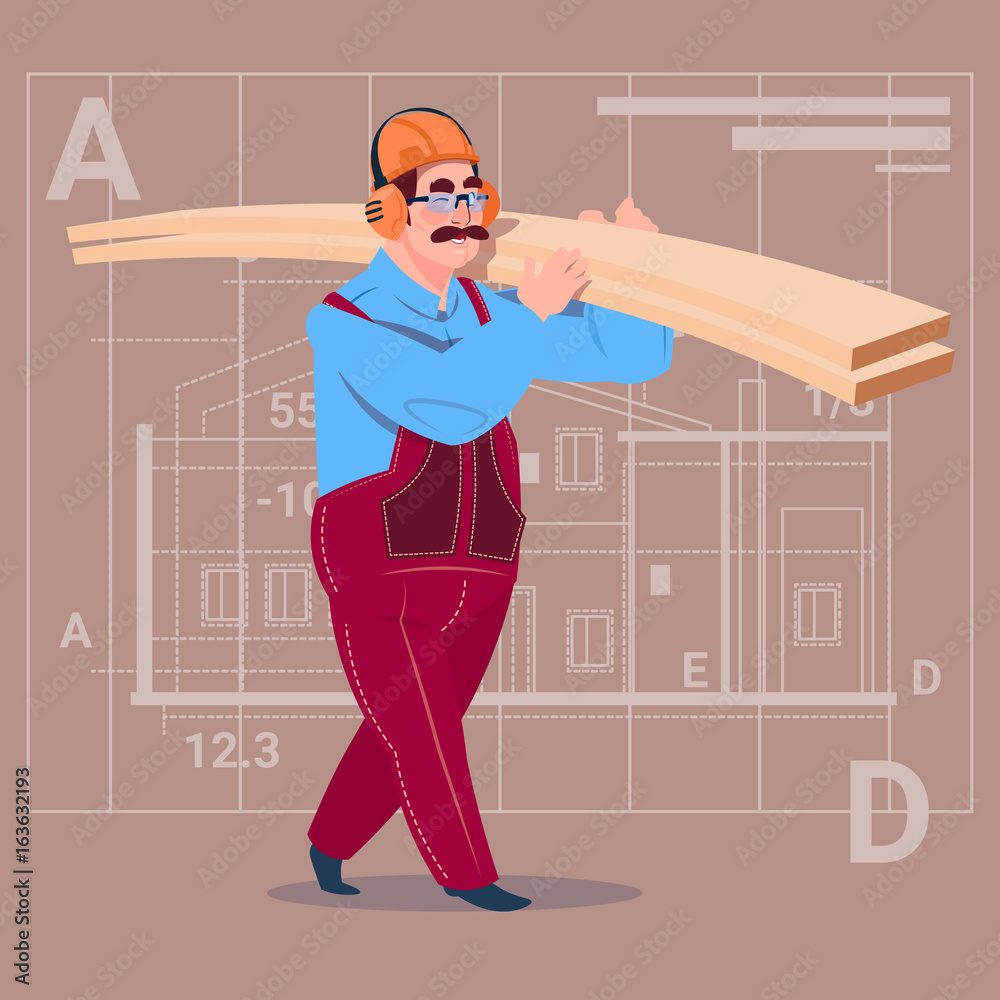 Cartoon Builder Holding Planks Wearing Uniform And Helmet Construction ...
