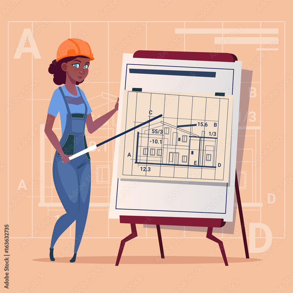 Cartoon Woman Builder Explain Plan Of Building Blueprint Wearing ...