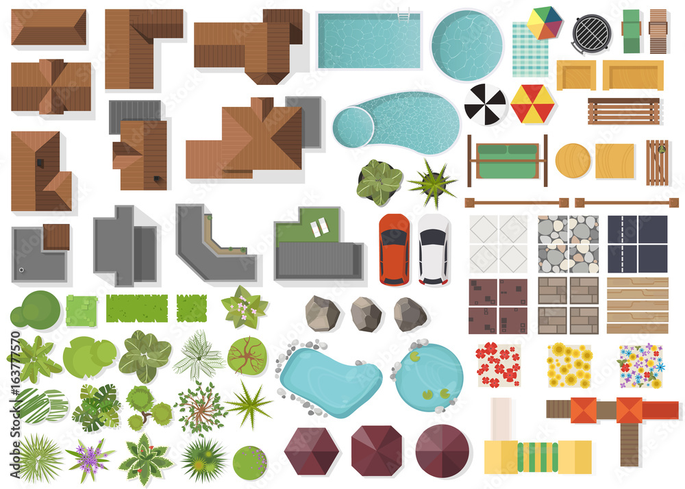 Set Landscape elements, top view.House, garden, tree, lake,swimming ...