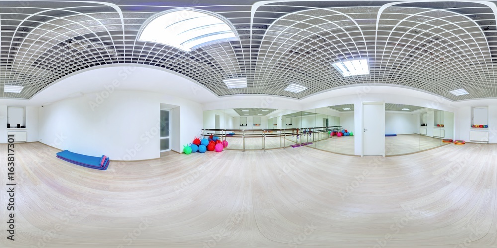 Interior of empty fitness gym multi colored fitness balls full 360 ...