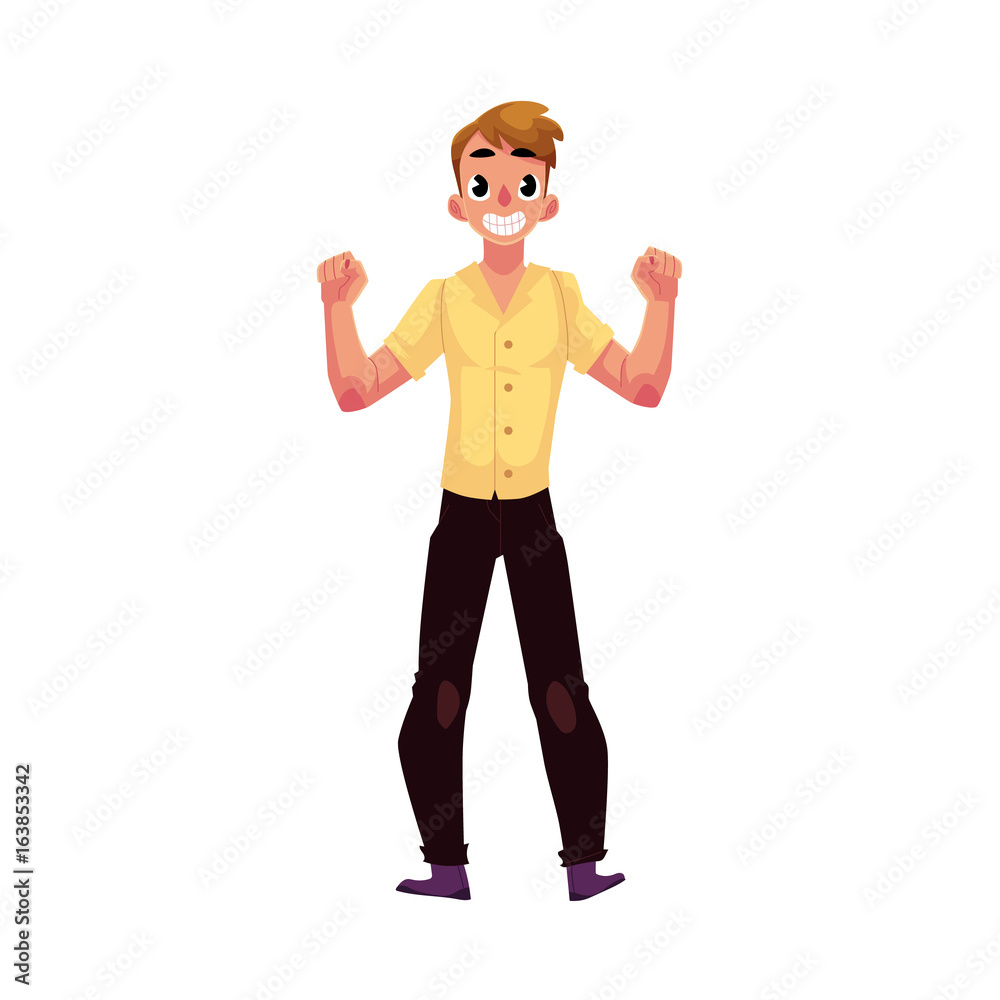 Young man, boy, guy, rejoicing, cheering, clenching fists in happiness ...