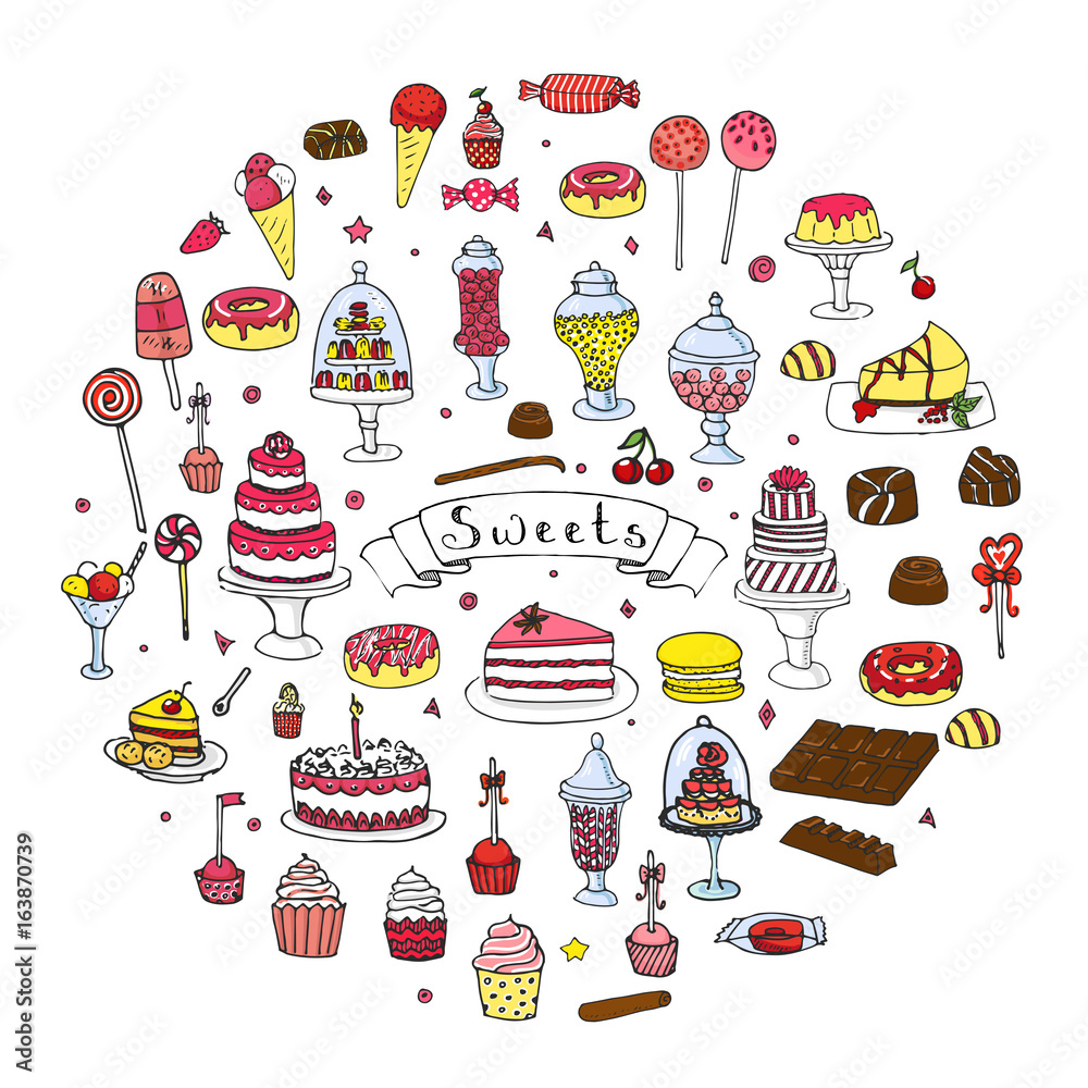 Hand drawn doodle Sweets set. Vector illustration. Sketchy Sweet food ...
