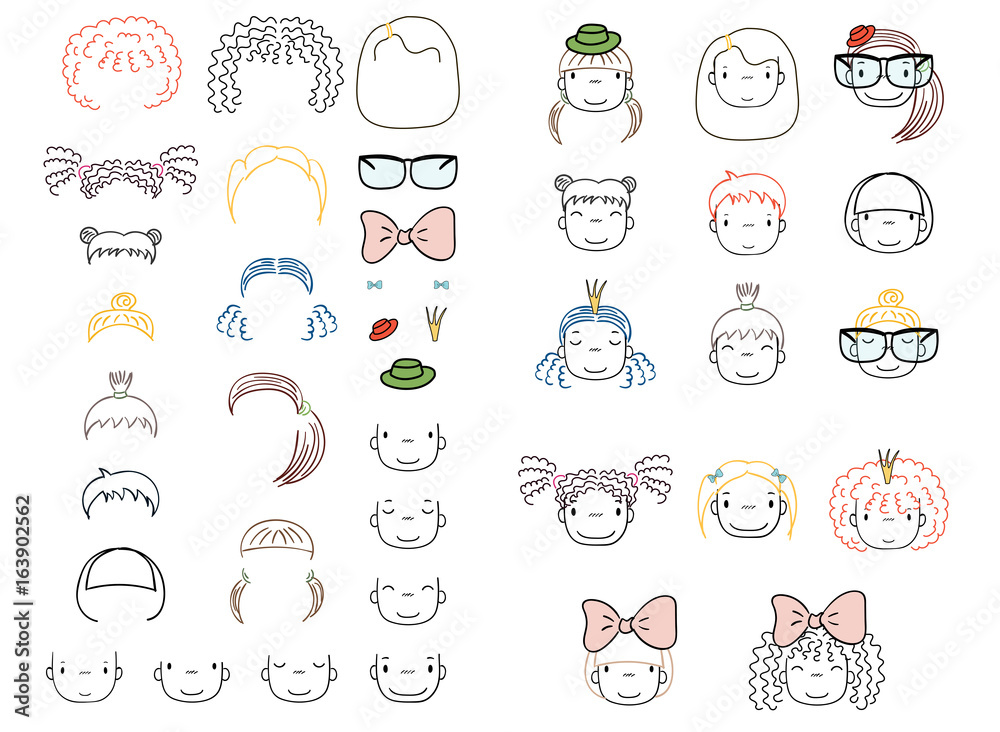 Collection of hand drawn vector doodles of cute funny girls heads with ...