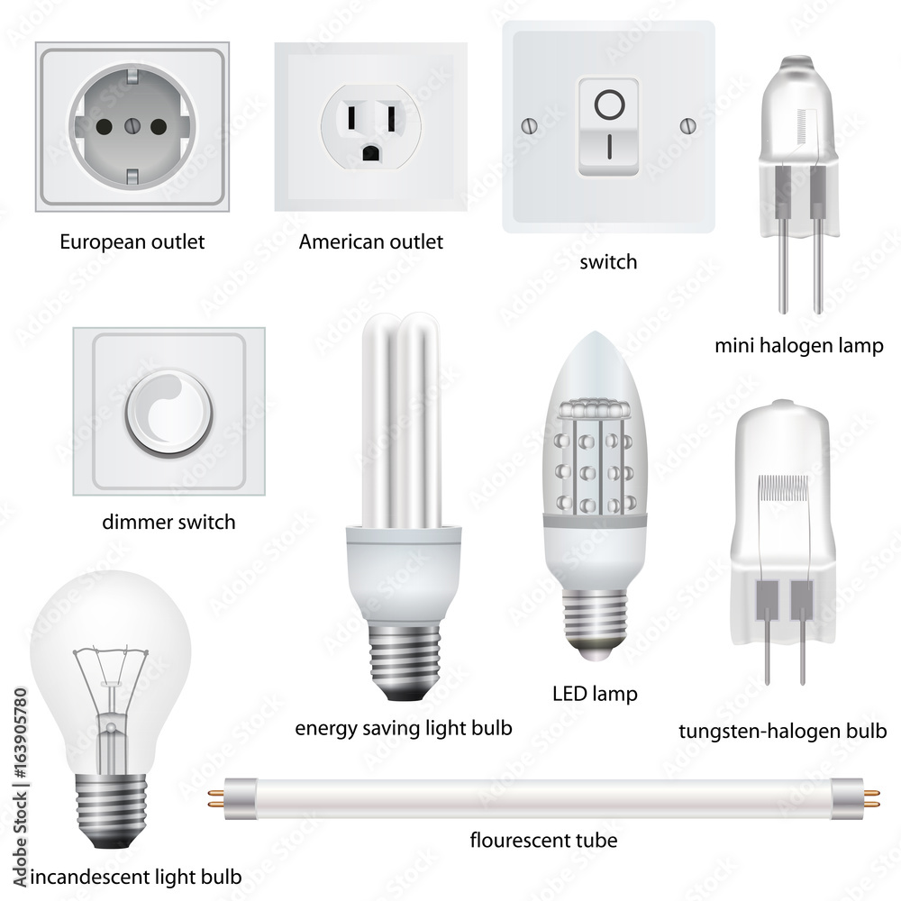 Different kinds of outlets, lamps, switches with names. Vector ...