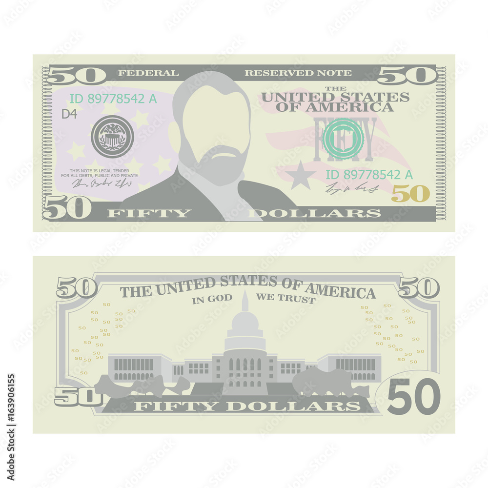 50 Dollars Banknote Vector. Cartoon US Currency. Two Sides Of Fifty ...
