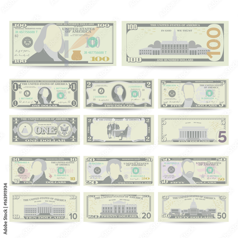 Dollars Banknote Set Vector. Cartoon US Currency. Two Sides Of American ...