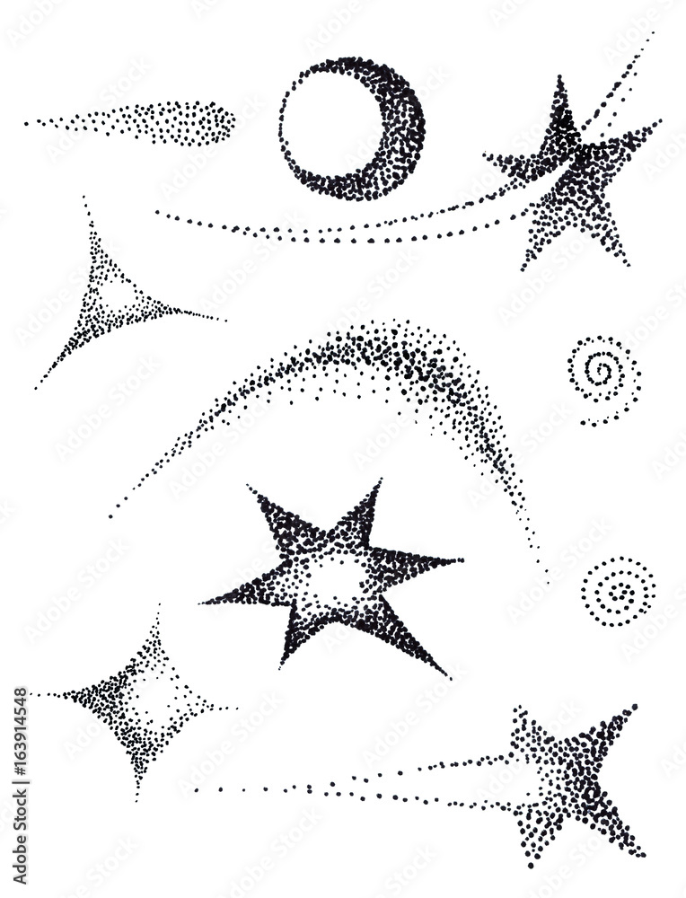Stars pen dots, Stars pen points three, four, five, six rays with comet ...