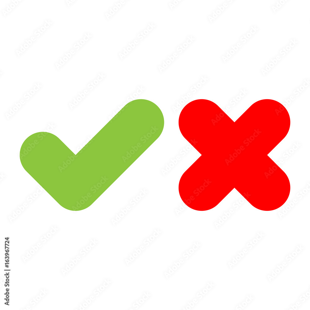 Check mark icons. Green tick and red cross. Flat vector illustration isolated on white ...