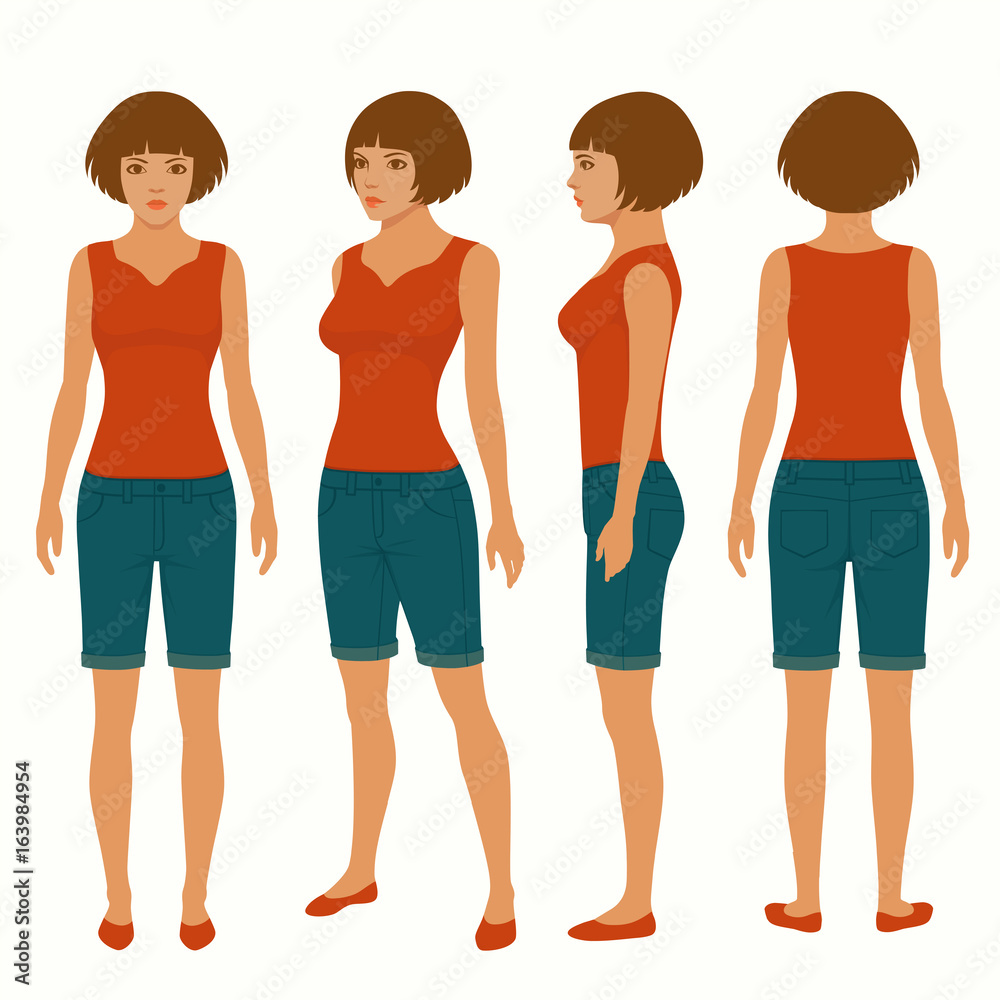 fashion woman isolated, front, back and side view, vector illustration ...