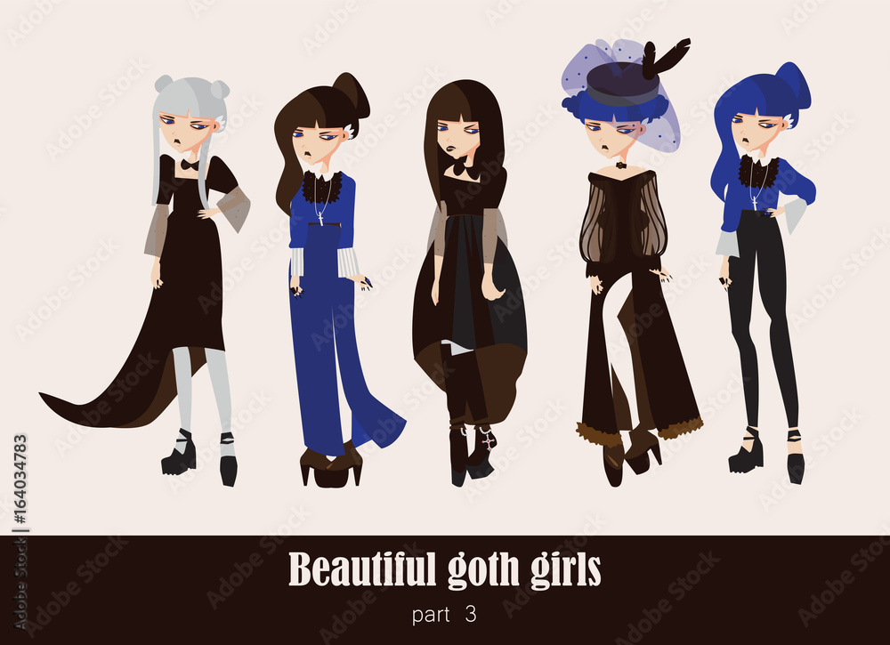 Vector set with isolated on background gothic girls. Goth clothes in ...