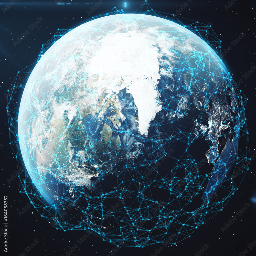 3D rendering Network and data exchange over planet earth in space ...