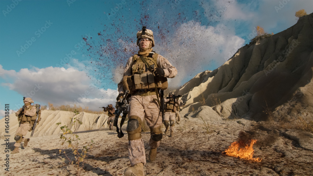 Shot of Fully Equipped Soldier Running Away From the Explosion. His ...