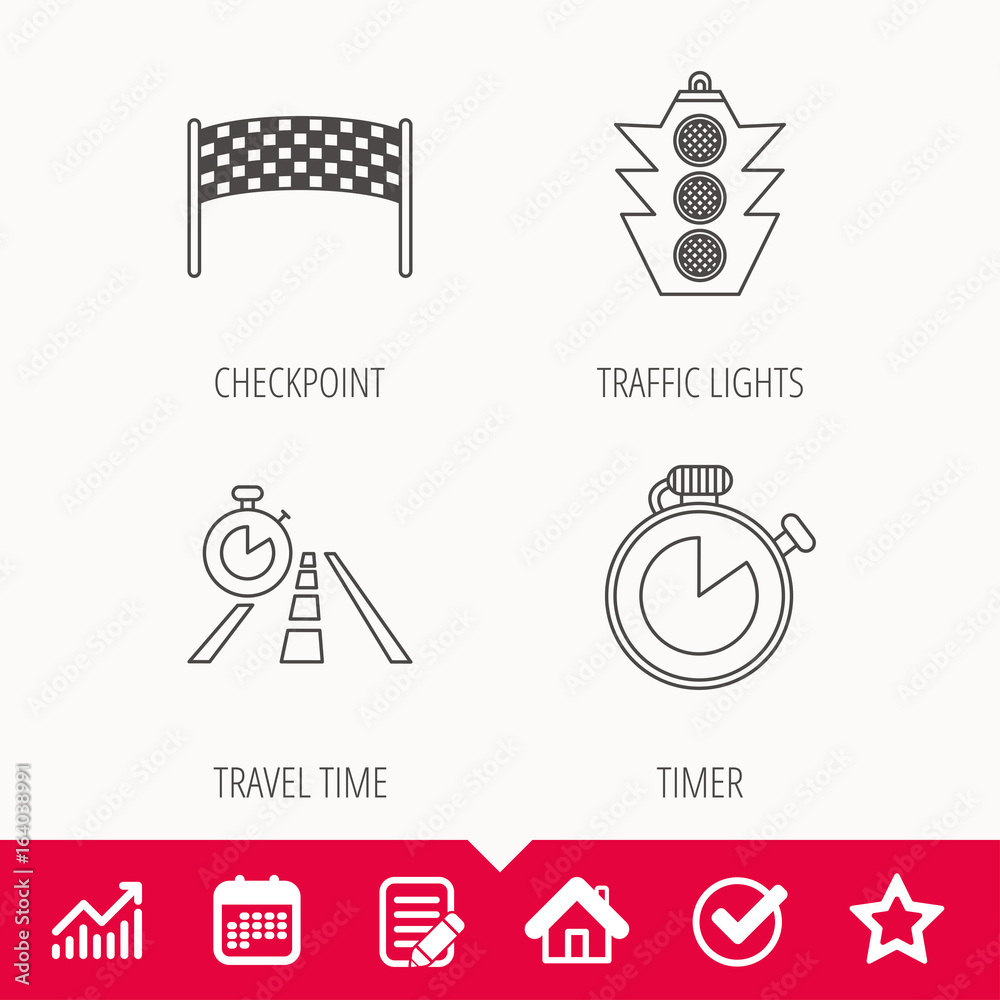 Checkpoint, traffic lights and timer icons. Travel time, road linear ...