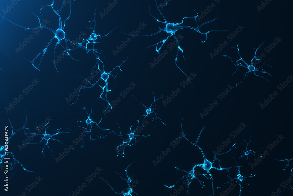 Conceptual illustration of neuron cells with glowing link knots. Synapse and Neuron cells ...